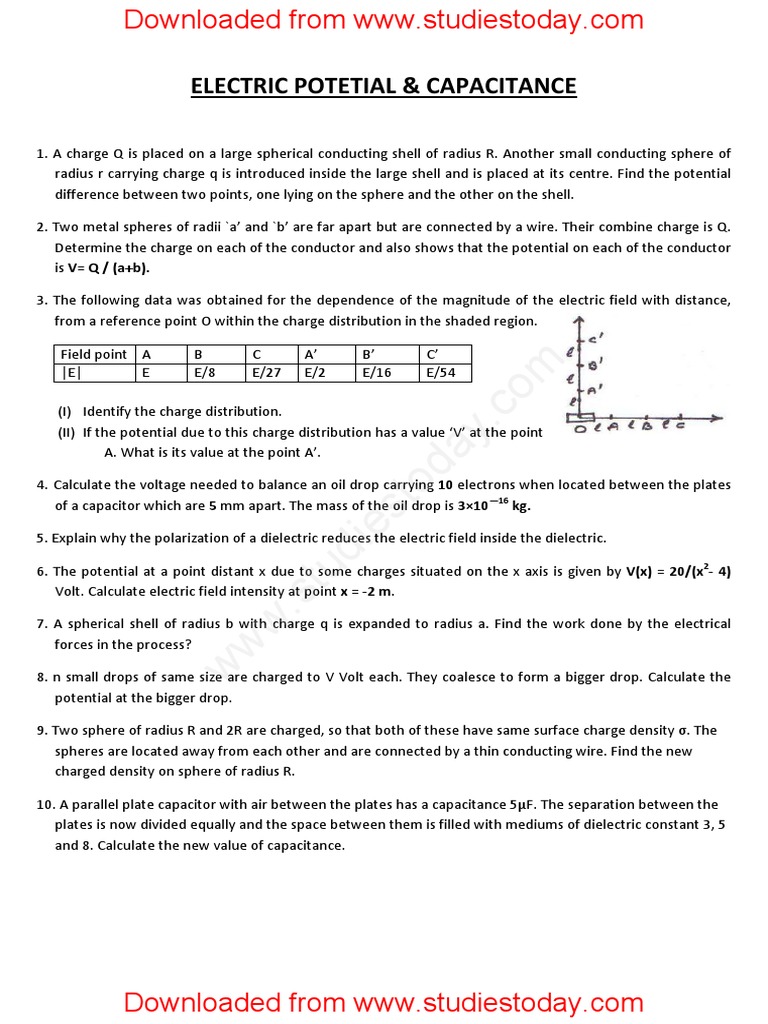 CBSE Class 12 Physics Worksheet - Electric Potetial & Capacitance | PDF | Capacitance | Capacitor