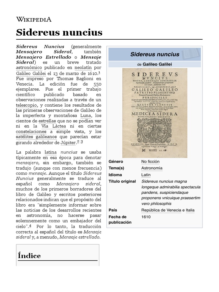 Sidereus Nuncius - Wikipedia, La Enciclopedia Libre | PDF | Galileo Galilei | Estrellas