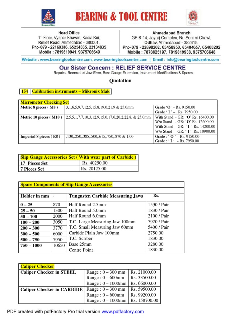 Price Quotation for Calibration Instruments, Micrometers, Slip Gauges ...