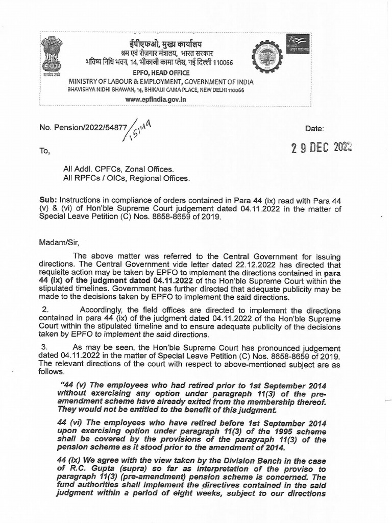Final Circular by EPFO Dated 29.12.2022 (Shared by Parveen Kohli) | PDF