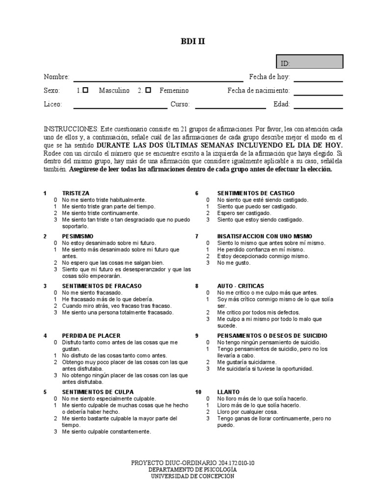 Inventario Depresion - Beck | PDF | Depresión (estado de ánimo) | Sicología