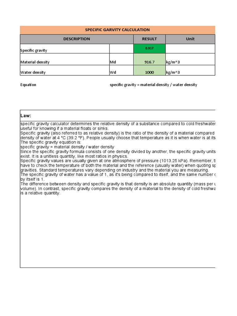 42. SPECIFIC GRAVITY CALCULATION | PDF | Density | Physical Quantities