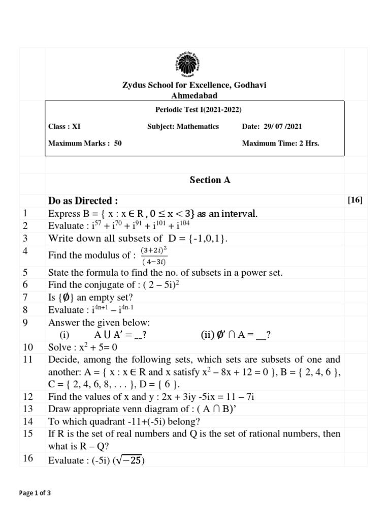 Class XI Mathematics Periodic Test Paper | PDF | Mathematics ...