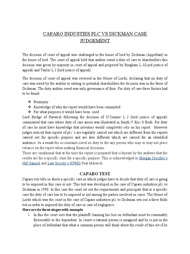 Caparo Industies PLC Vs Dickman Case | PDF | Negligence | Duty Of Care