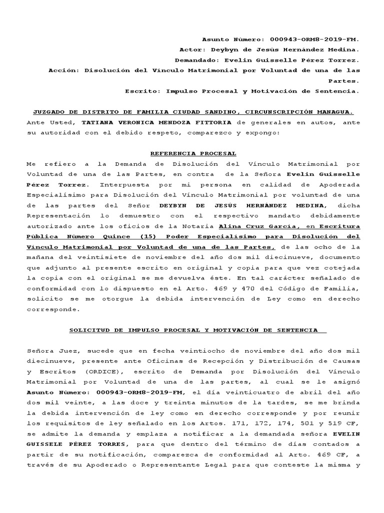 Escrito Impulso Procesal 2 Nicaragua | PDF | Divorcio | Demanda judicial