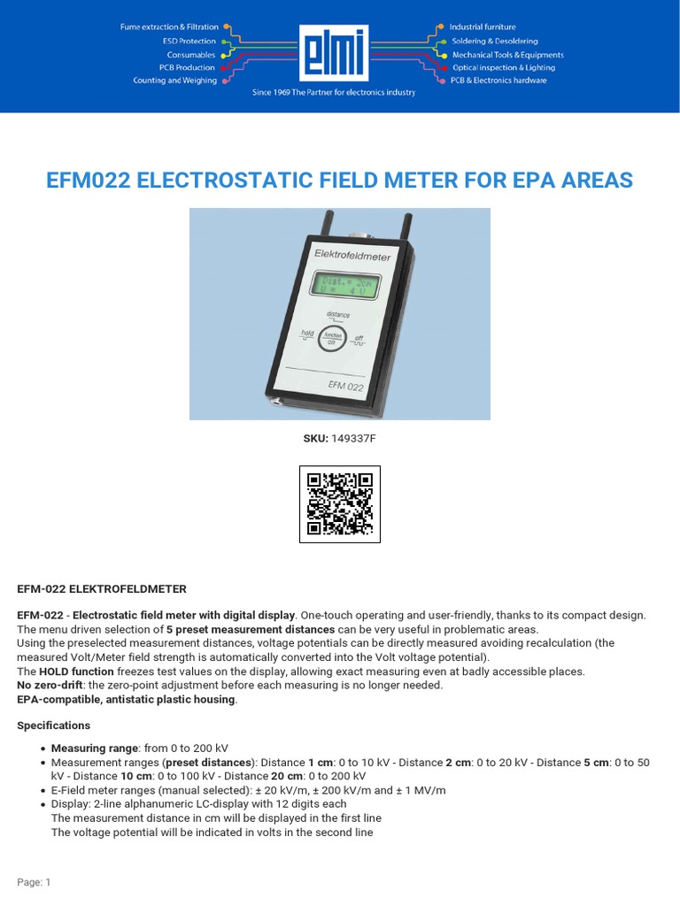 Efm022 Electrostatic Field Meter For Epa Areas | PDF