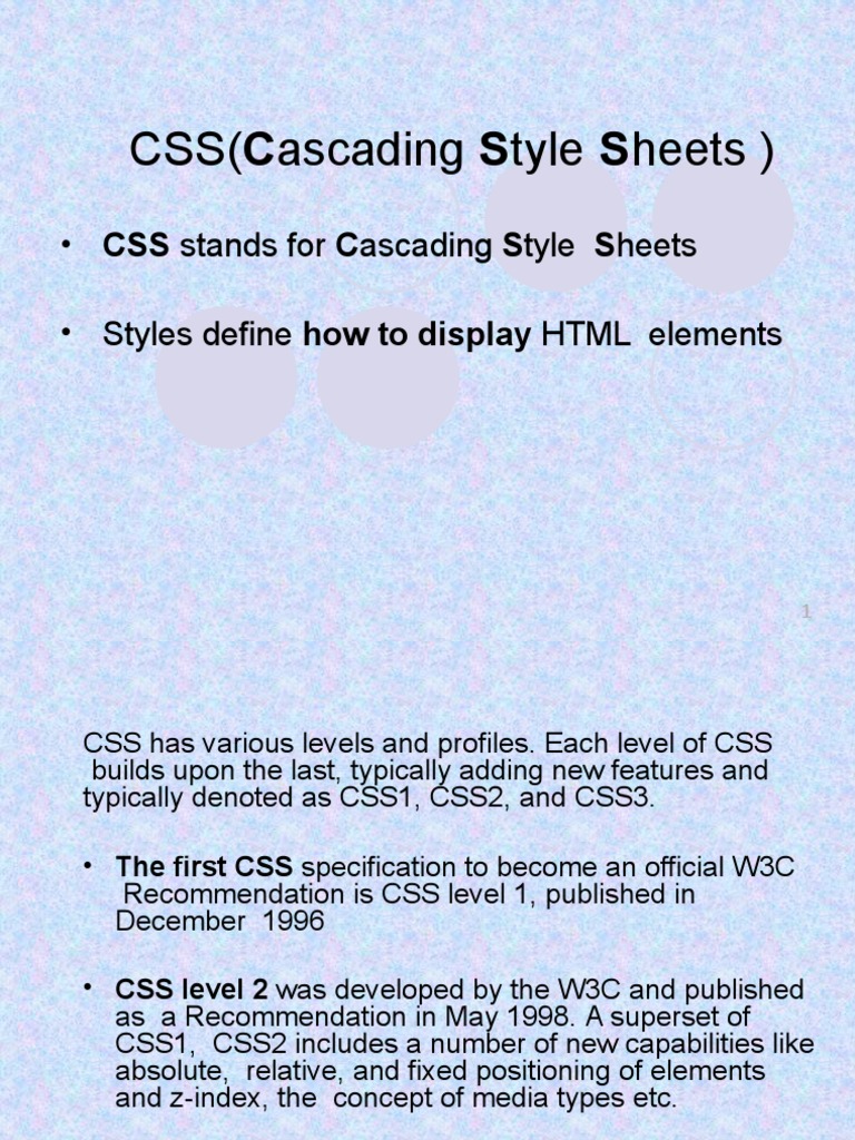 Css Stands For Cascading Style Sheets Styles Define How To Display Html Elements Pdf Html