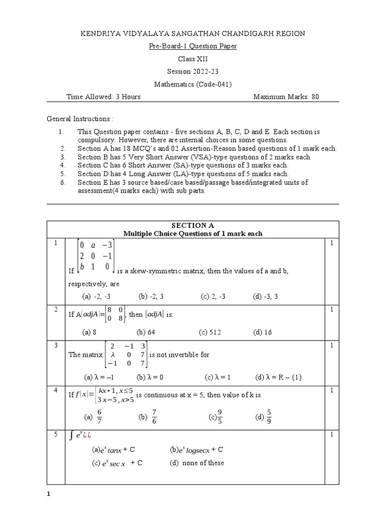 QP, XII Maths, PB-1, 2022-23 | PDF | Equations | Area