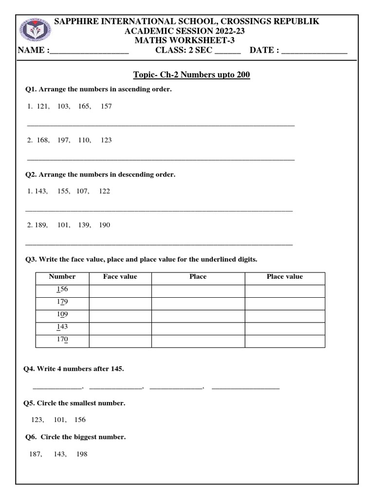 Worksheet-3 Numbers Upto 200 | PDF