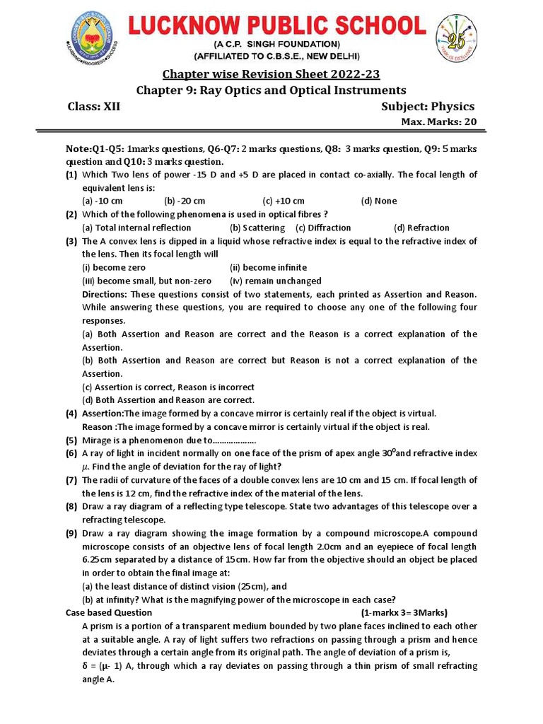 XII - Revision Sheet - 2 - Physics | PDF | Optics | Refractive Index
