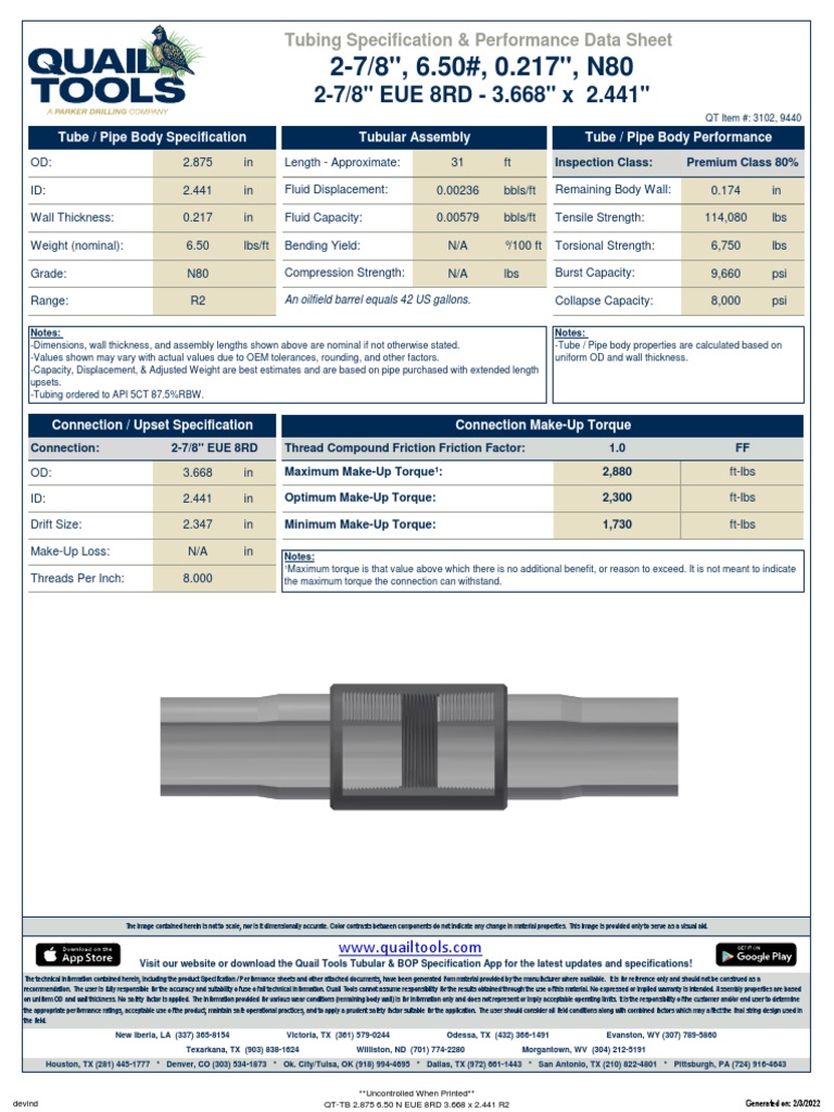 2-7/8'' EUE 8RD - 3.668'' X 2.441'': Tubing Specification & Performance Data Sheet | PDF | Pipe ...