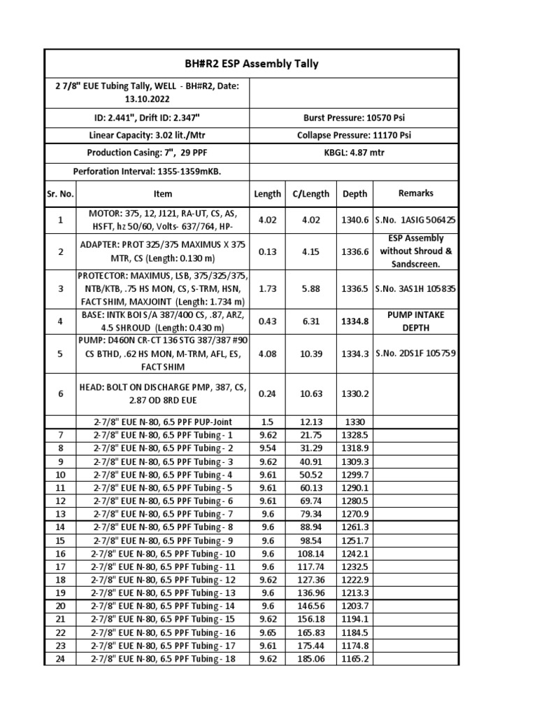 Esp Tubing Tally Bh#r2 (13!10!22) | PDF