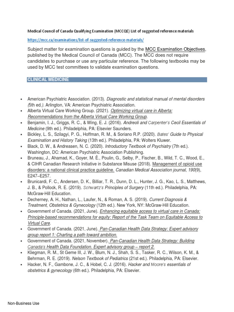 Medical Council of Canada Qualifying Examination (MCCQE) List of Suggested Reference Materials ...