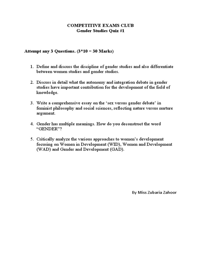 Gender Studies Quiz: Key Concepts Explained | PDF | Social Science