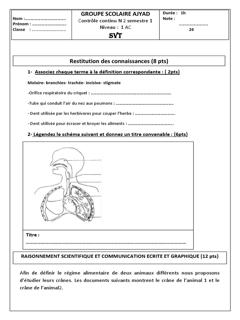 Contrôle SVT 1AC Semestre 2 | PDF | Dent | Branches de la dentisterie
