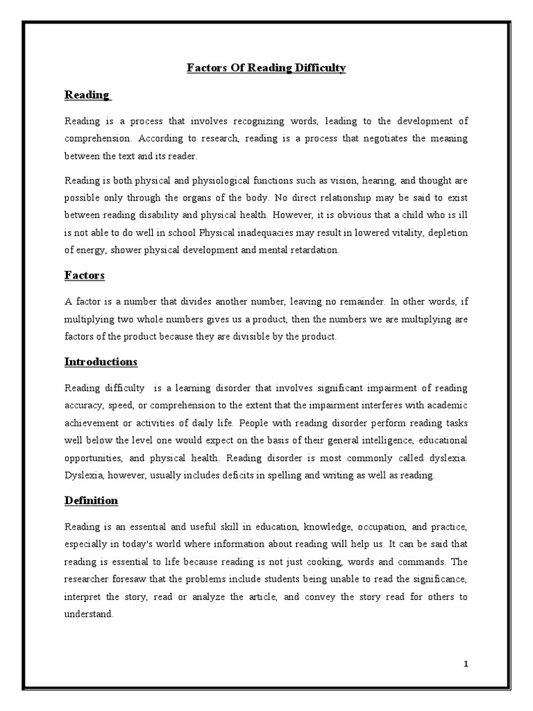 Factors of Reading Difficulty | PDF | Reading Comprehension | Dyslexia