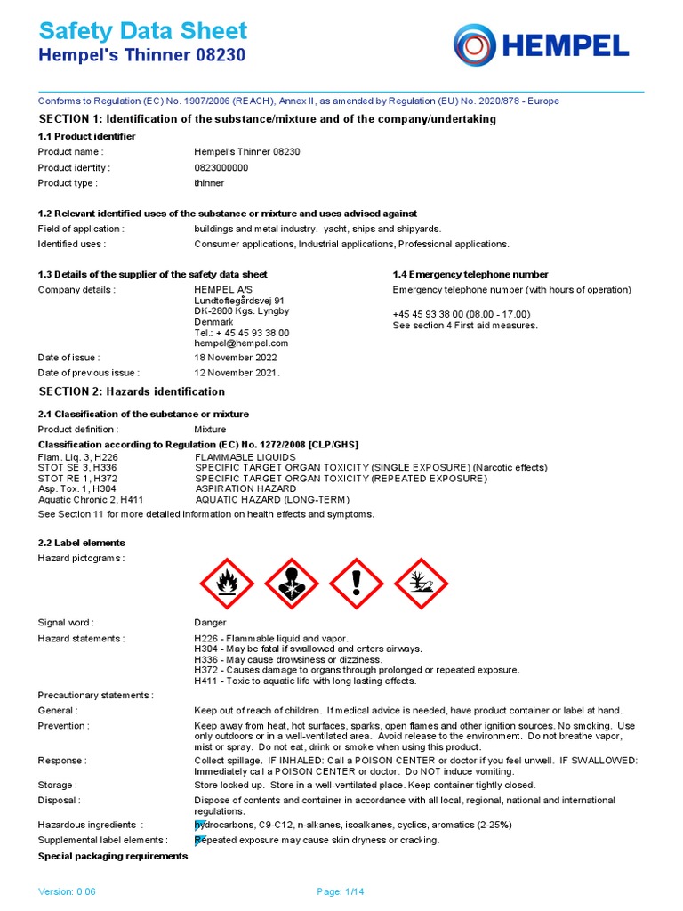Hempel's Thinner 08230 | PDF | Toxicity | Physical Sciences