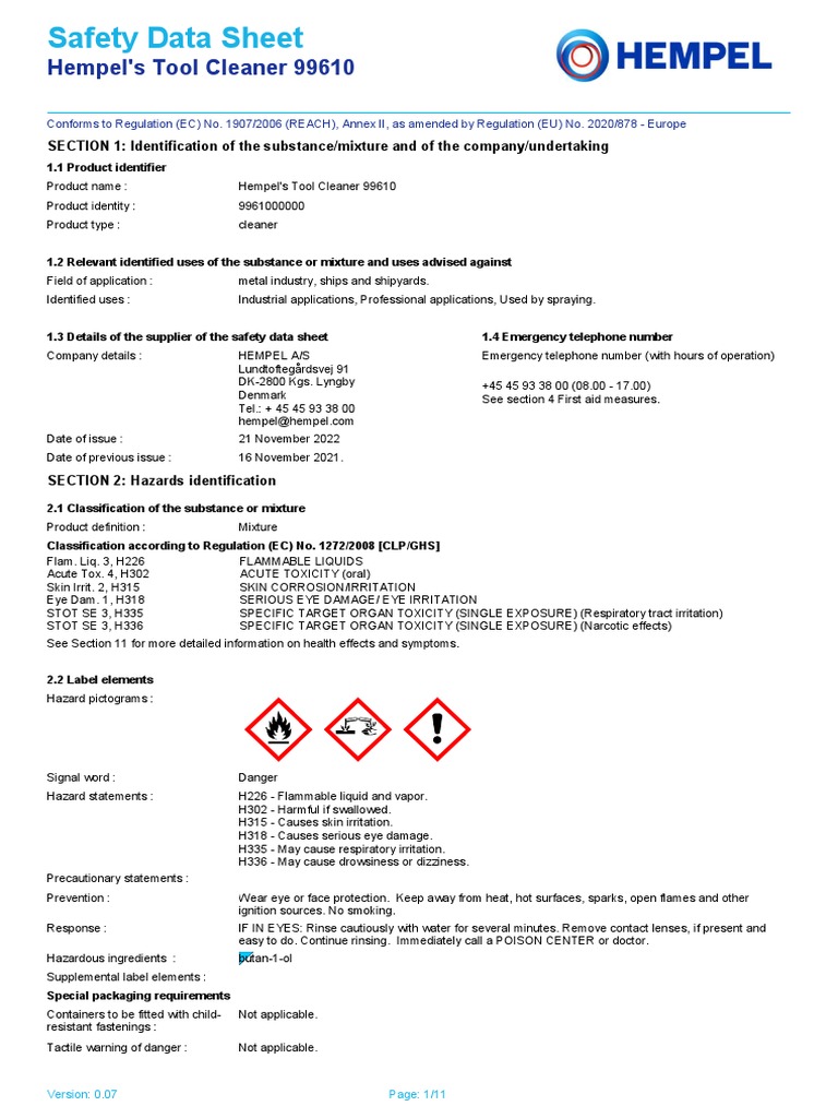 Hempel's Tool Cleaner 99610 | PDF | Toxicity | Personal Protective Equipment