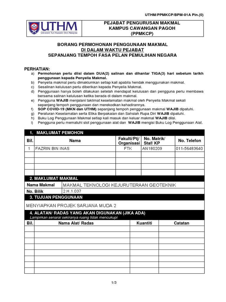 Lab Geoteknik Borang Permohonan Penggunaan Makmal (Signed) | PDF