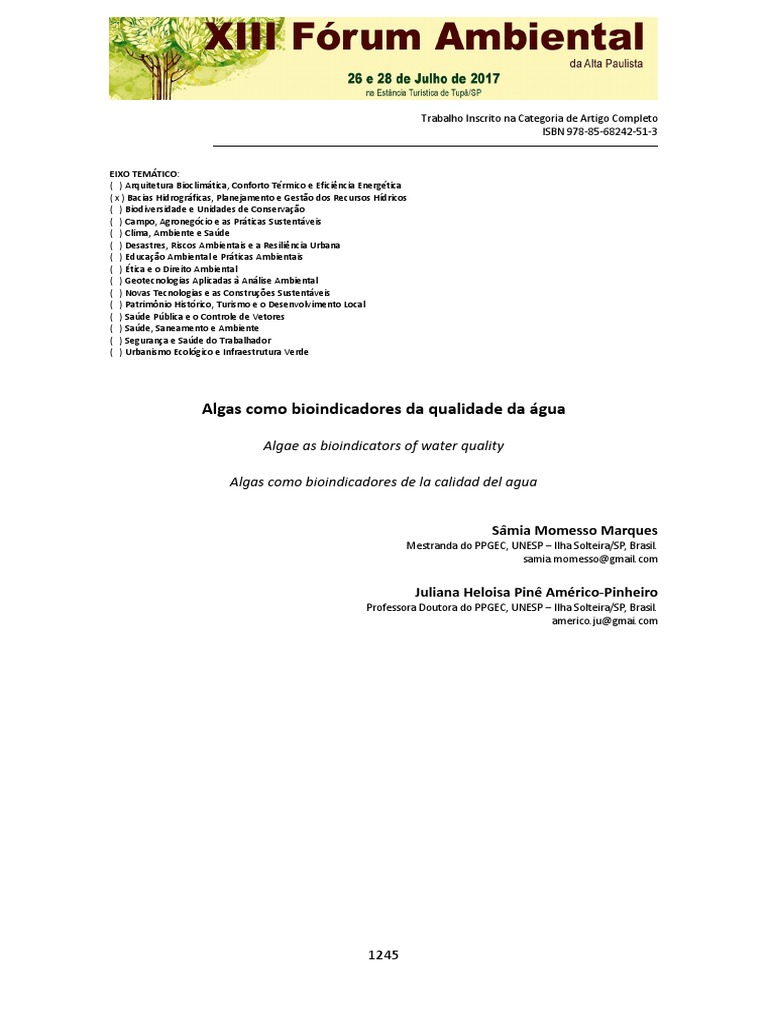Algas como bioindicadores da qualidade da água: uma revisão sobre o uso de Chlorella vulgaris ...