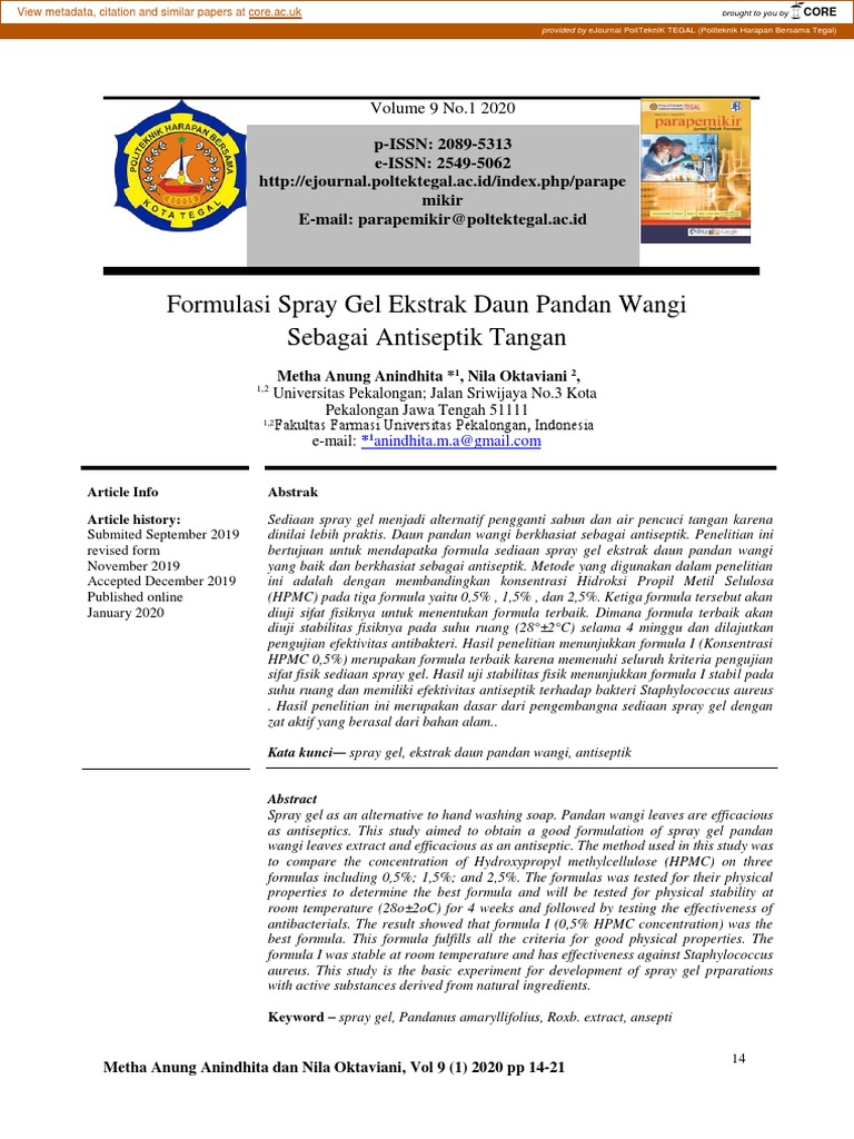 Formulasi Spray Gel Ekstrak Daun Pandan Wangi Sebagai Antiseptik Tangan ...