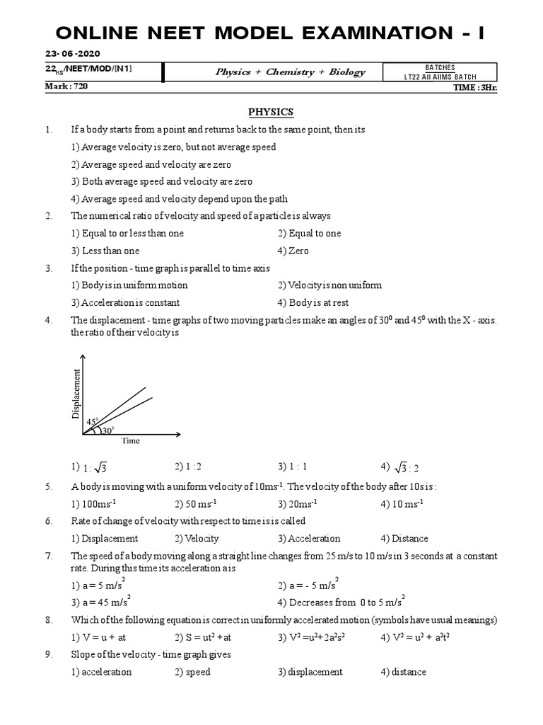 Neet Model Examination - I | PDF | Velocity | Mole (Unit)