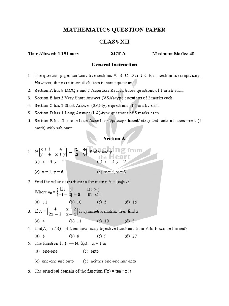 Mathematic Question Paper Set A | PDF | Matrix (Mathematics ...