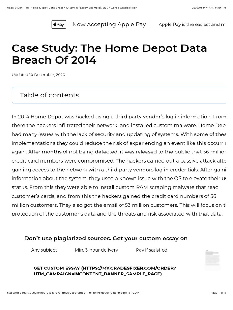 Case Study - The Home Depot Data Breach of 2014 - (Essay Example), 2227 Words GradesFixer | PDF ...