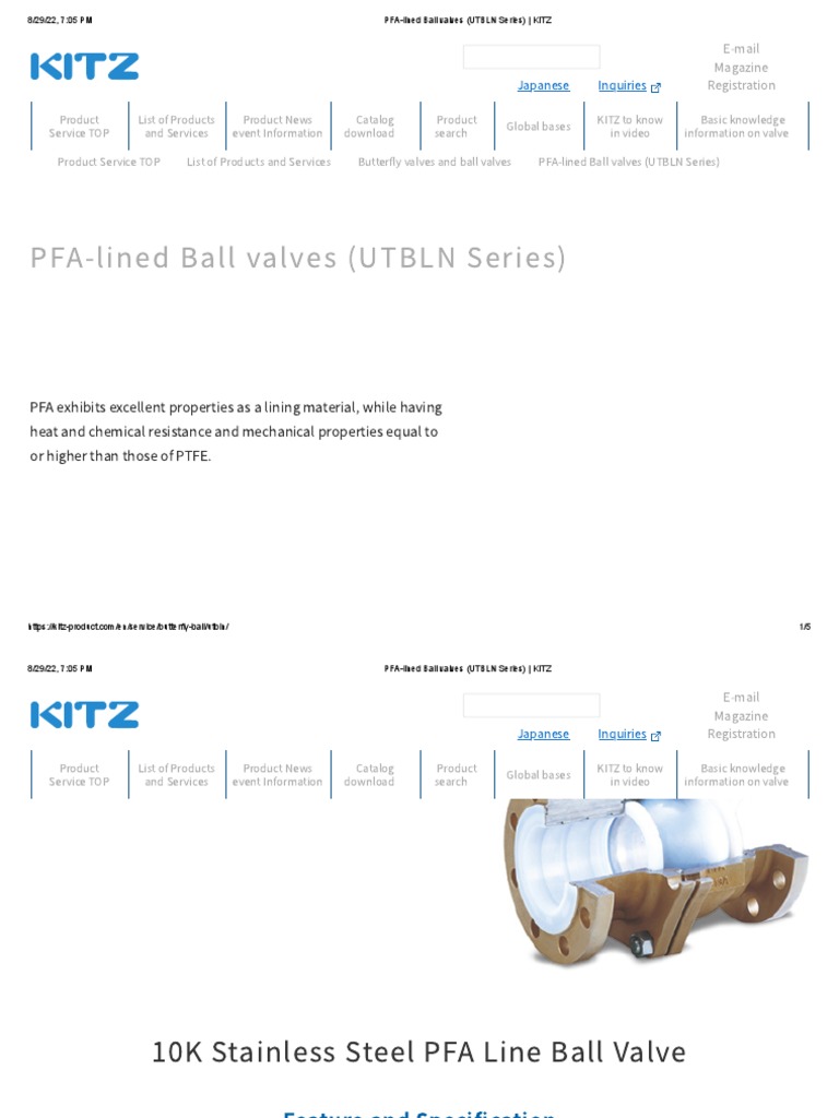 PFA-lined Ball Valves (UTBLN Series) - KITZ | PDF | Valve | World Wide Web