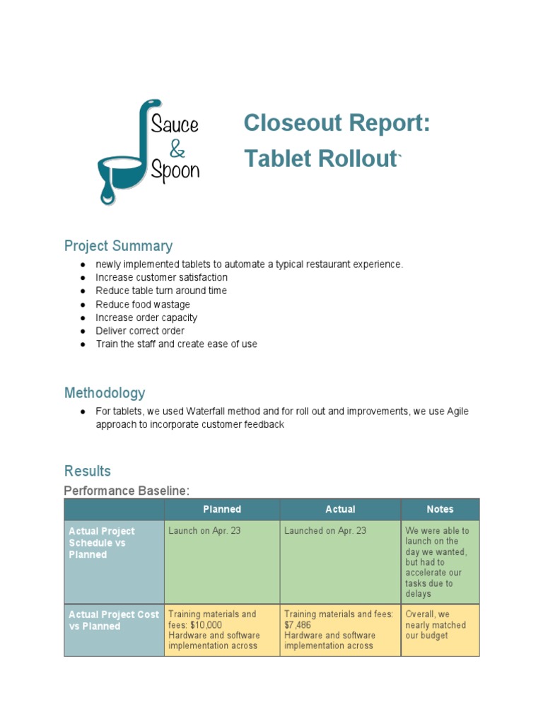 Tablet Rollout Closeout Report | PDF | Point Of Sale | Menu