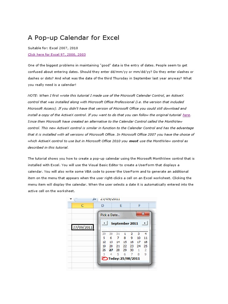 Popup Calender in Excel | PDF | Microsoft Excel | Button (Computing)