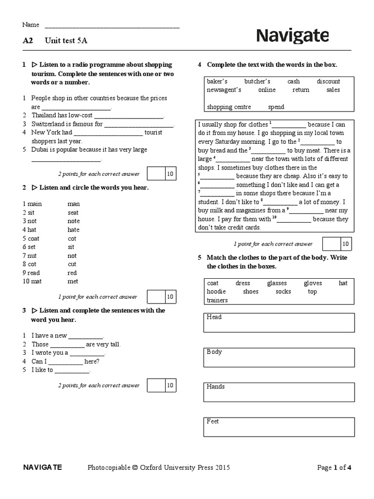 A2 Unit Test 5 | PDF