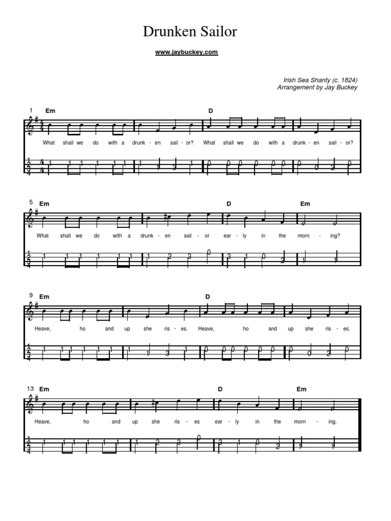 Drunken Sailor Fiddle Tablature | PDF | Folk Songs | Song Forms
