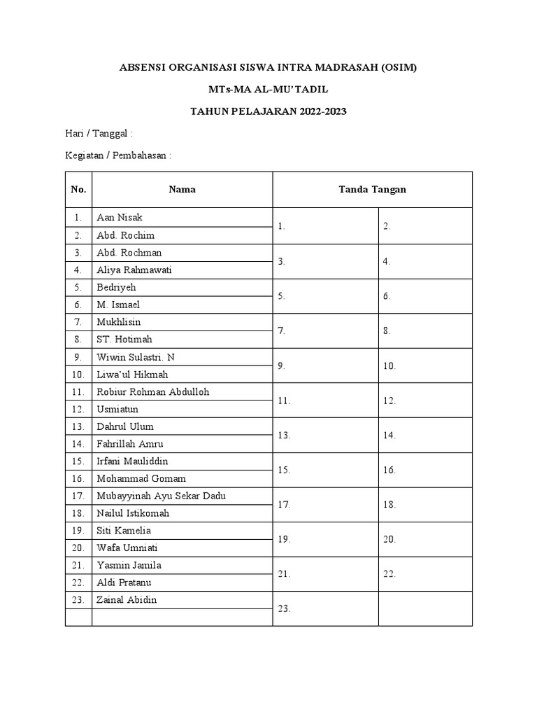 Contoh ABSENSI OSIM | PDF