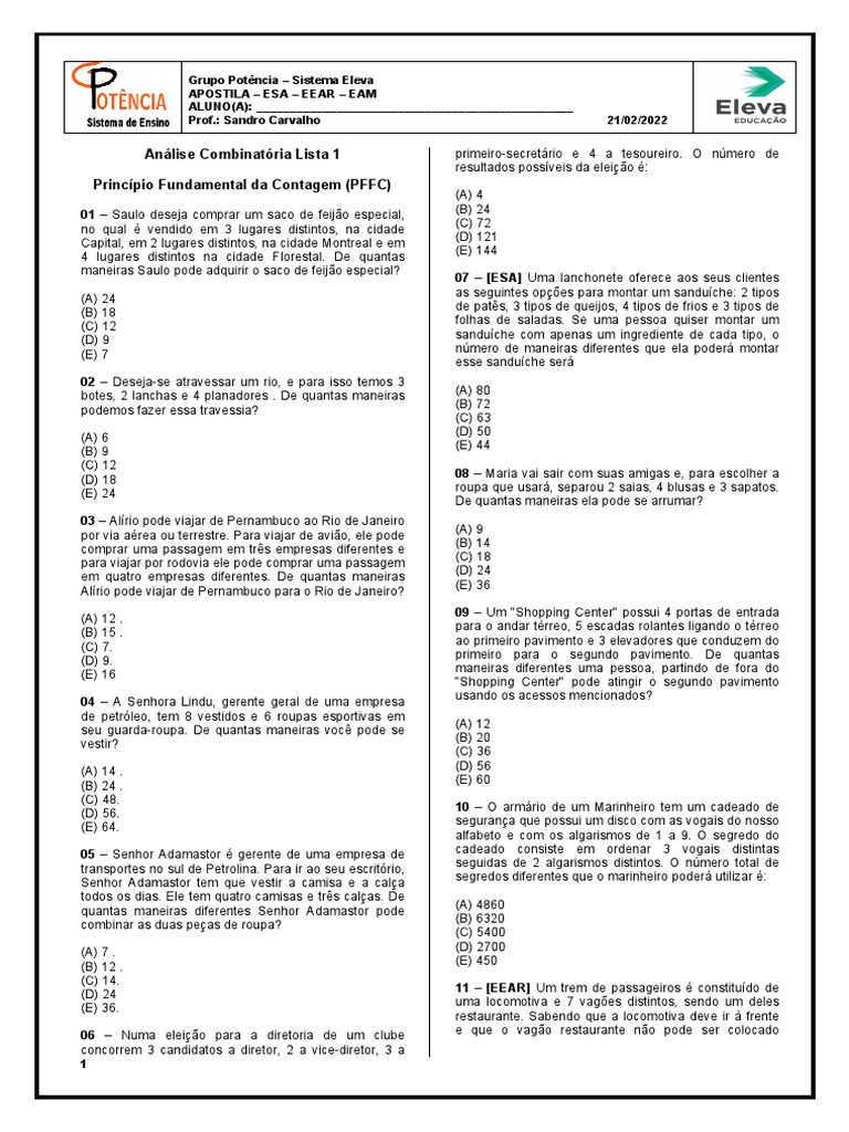 Análise Combinatória Aula 01 PFC 21 02 2022 EAM ESA EEAR Lista 1 | PDF