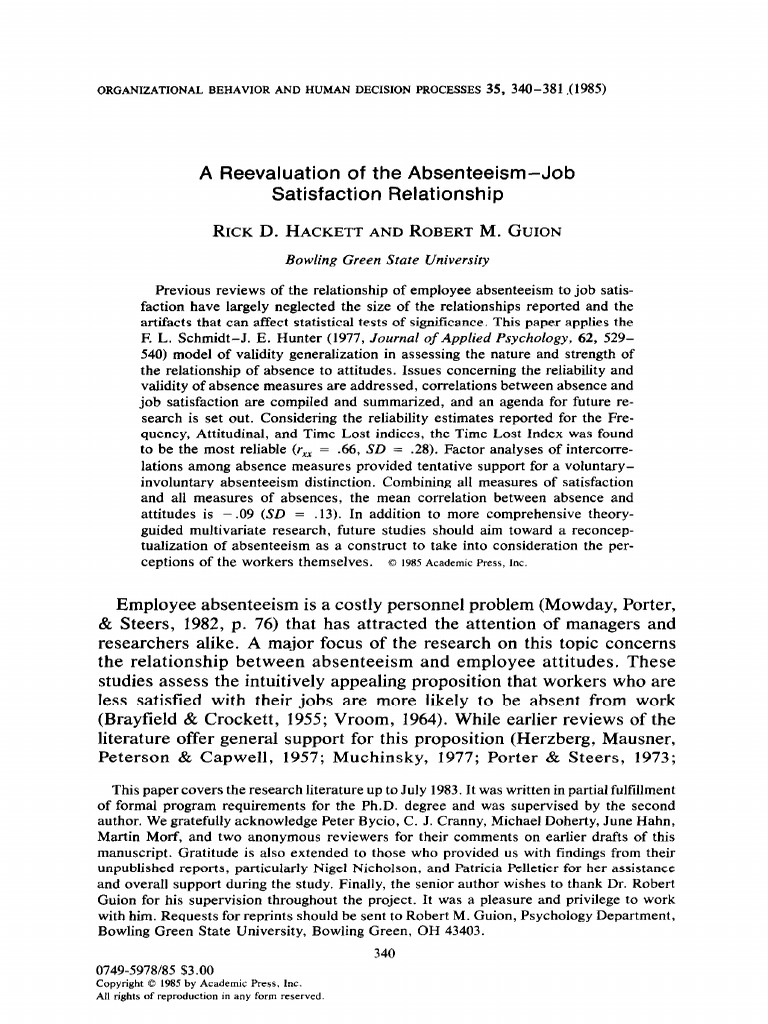 Hackett 1985 | PDF | Job Satisfaction | Factor Analysis