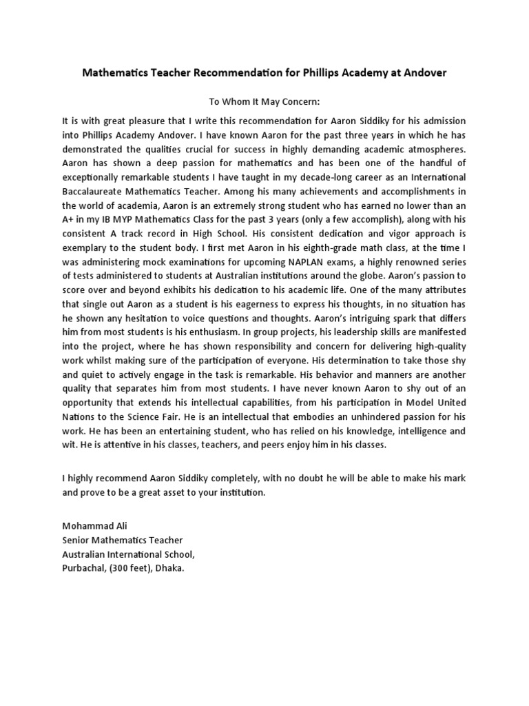 Mathematics Teacher Recommendation For Phillips Academy at Andover ...