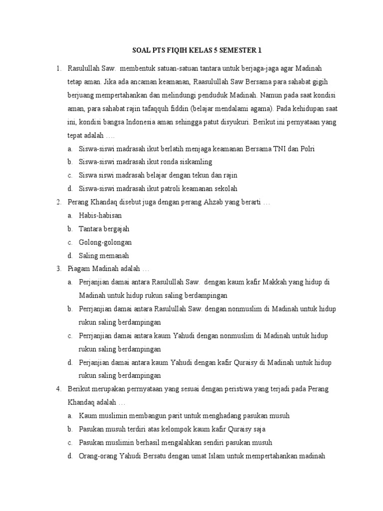Soal PTS Fiqih Kelas 5 Semester 1 | PDF