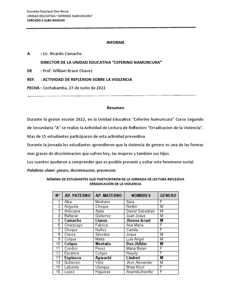 INFORME LECTURA 2do SEC. | PDF