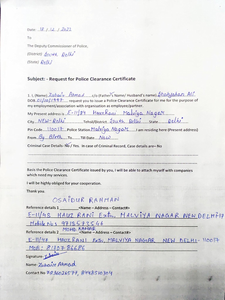 Request for Police Clearance Certificate | PDF