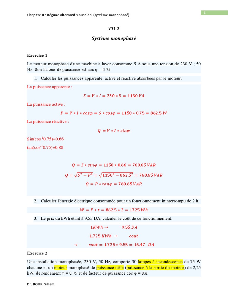 Corrigé - TD 2 - Système Monophasé | PDF | Puissance (physique) | Puissance apparente