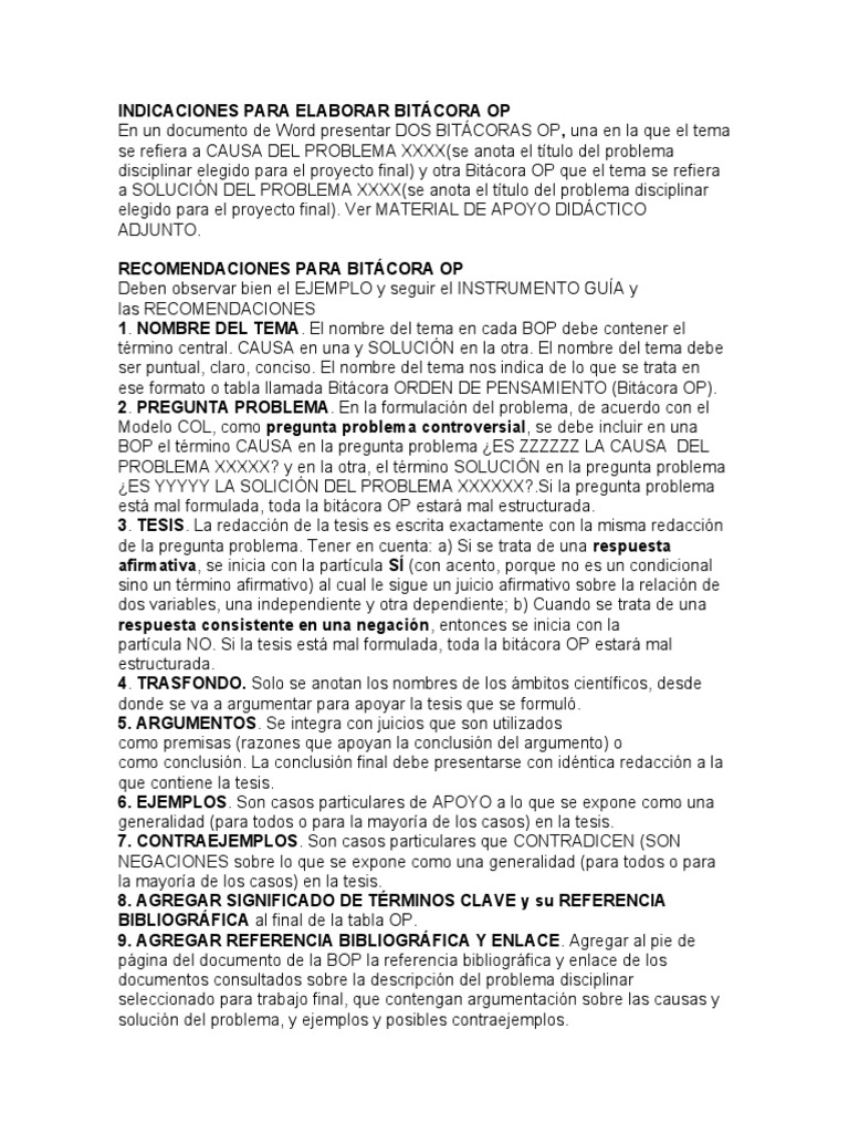 Indicaciones y Recomendaciones para Bitácora Op | PDF