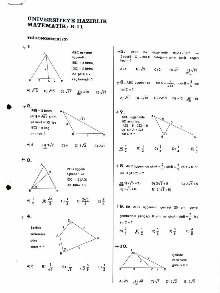 11.sinif Matematik Trigonometri Test Sorulari Ve Cevaplari | PDF