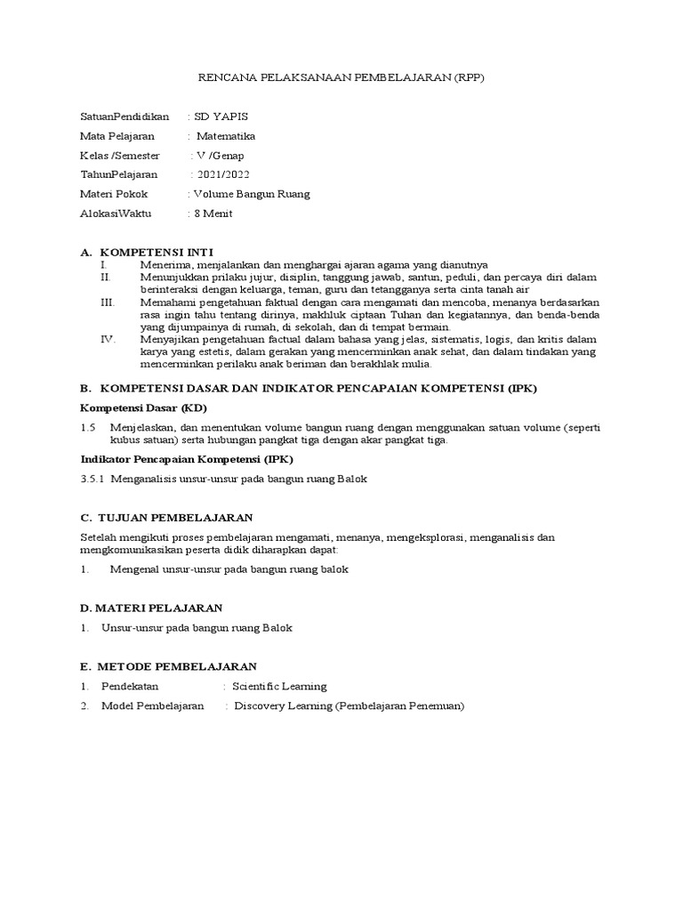 Rpp-Kelas-5-Bangun-Ruang NARO | PDF