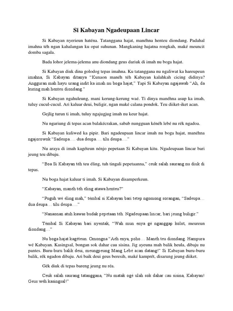 Naskah Dongeng Si Kabayan Ngadeupaan Lincar | PDF