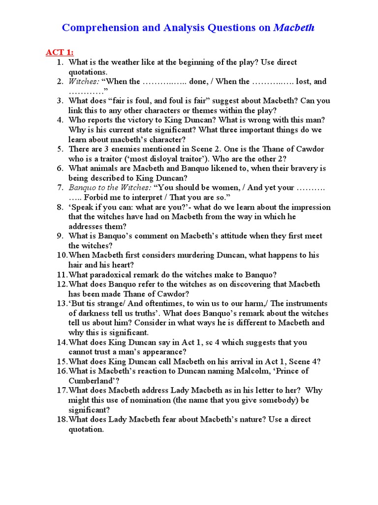 Comprehension and Analysis Questions On Macbeth Acts 1-5 | PDF ...