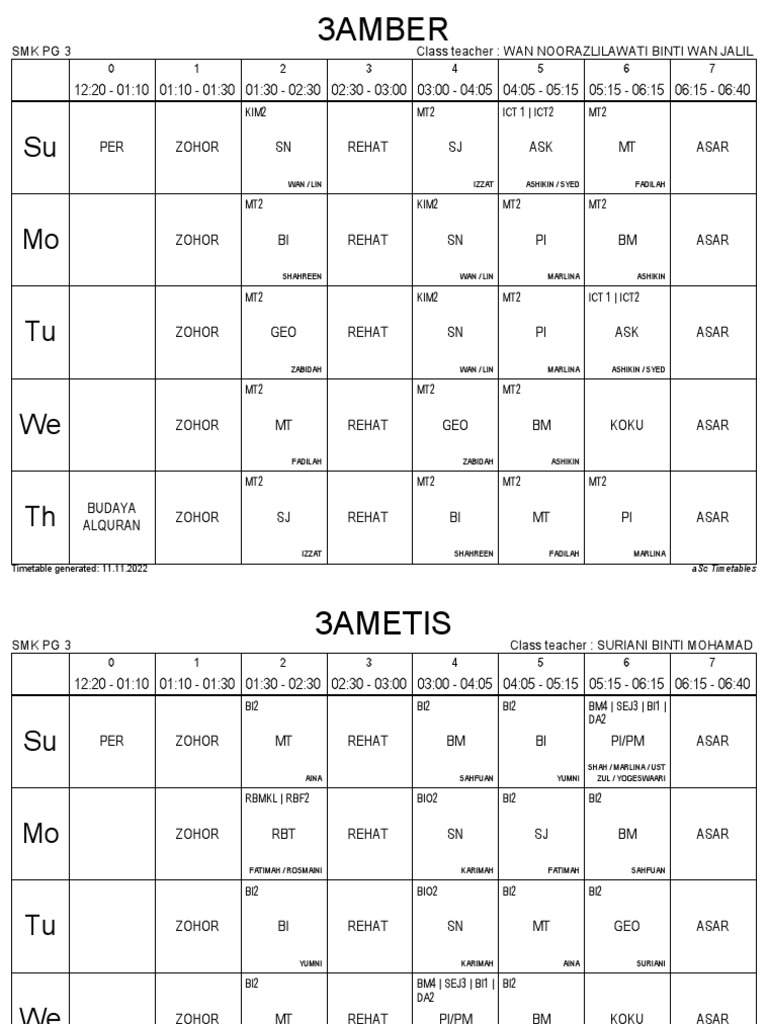 SMK PG 3 Class Timetable 2022 | PDF