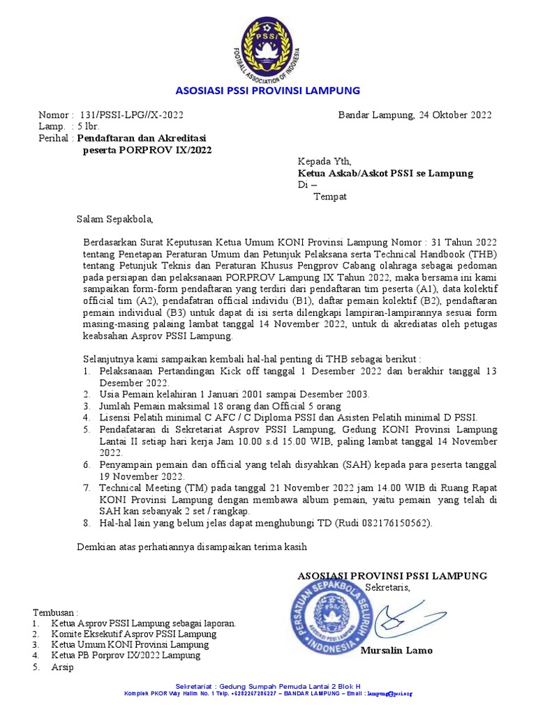 Pendaftaran Dan Akrediatasi Pemain-Official Porprov LAMTIM | PDF