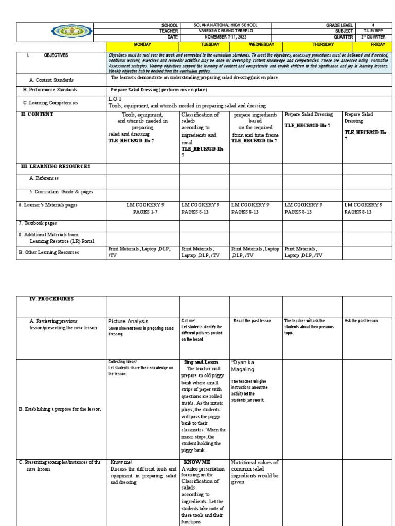 Cookery Module 4 DLL | Download Free PDF | Teachers | Curriculum