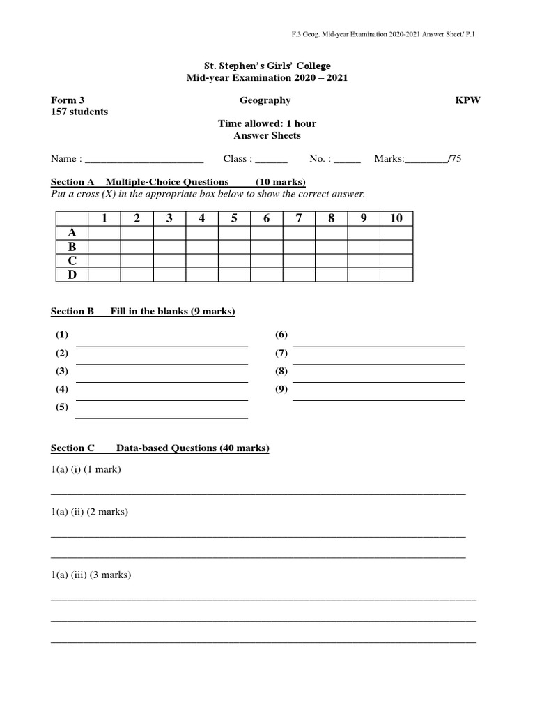 F.3 Geography Mid-Year Exam Answer Sheet | PDF | Earth Sciences ...